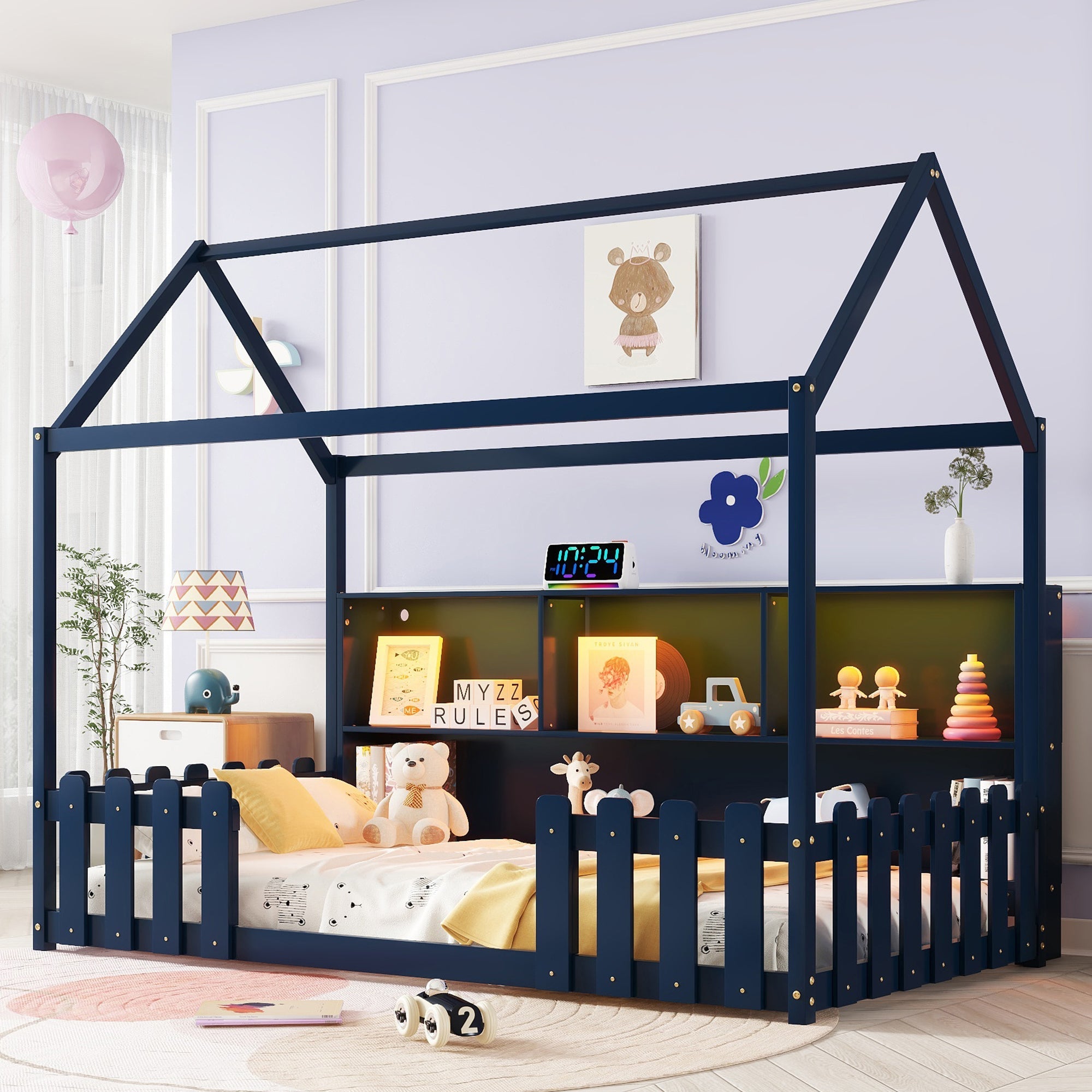 Navy Blue House-Style Wooden Bed for Kids | It's Worth